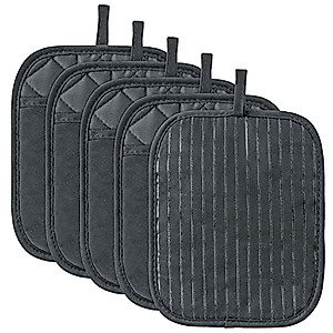 Zainpe 5Pcs Cotton Silicone Pot Holder Heat Resistant Non-Slip Oven Mitts Machine Washable Kitchen Soft Grip Potholder with Pocket Multifunctional Stripe Square Hot Pad for Baking Cooking Gray