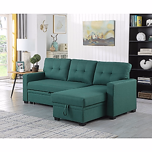 Devion Furniture L-Shaped Polyester Fabric Reversible, Easy Convertible Pull-Out Sleeper Sectional Sofa/Storage Chaise with Tufted Back Cushions and Track Arms in Green