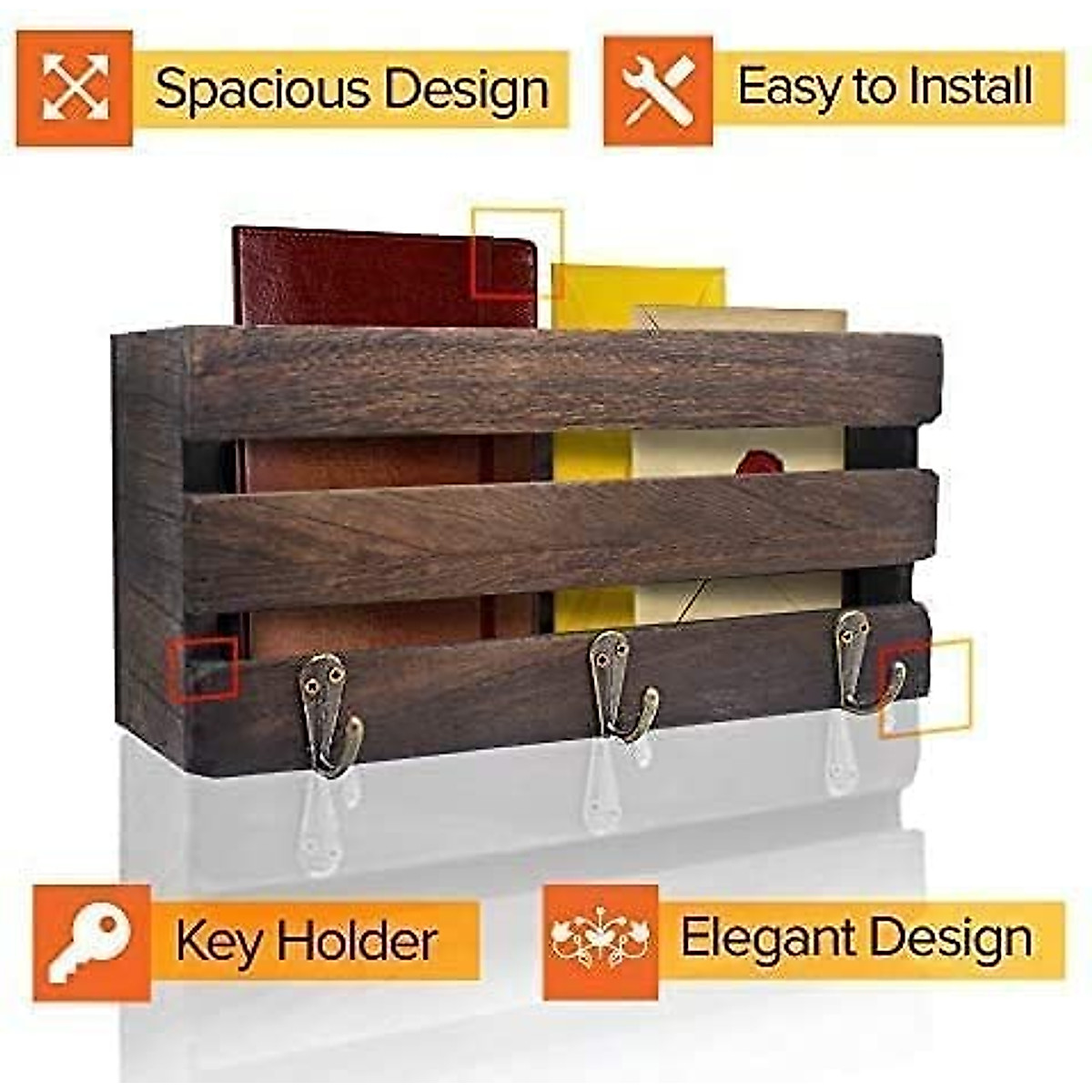 Rustic Mail Holder Wall Mount ~ Key and Mail Organizer for Wall Decorative with 3 Key Hooks ~ Key Hanger for Wall, Entryway, Bathroom, Living Room, Kitchen (Brown)