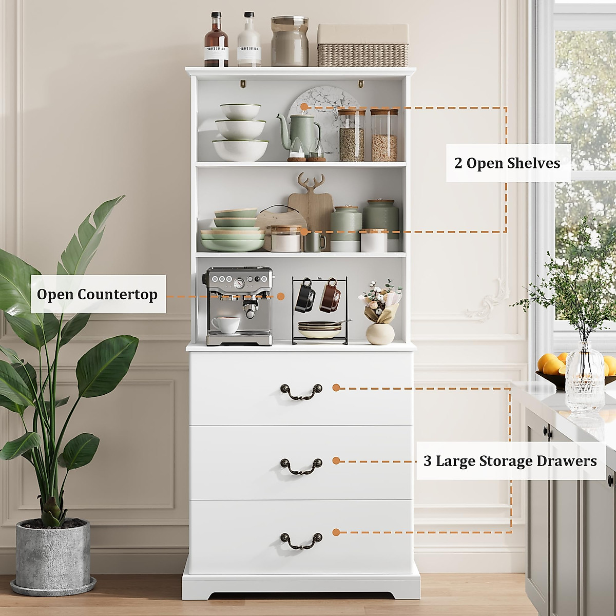 HIFIT 71" Tall Storage Cabinet, Tall Bookshelves and Bookcases with 3 Large Drawers & 3 Deep Shelves, Kitchen Pantry Cabinet with Hutch, Modern Storage Cabinet for Home Office, Living Room, White