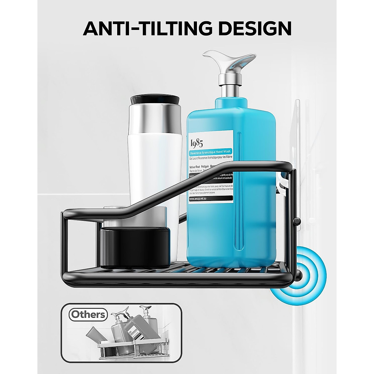 Nieifi Shower Caddy Shelf with Hooks Storage Rack Organizer Adhesive Stainless Steel Without Drilling for Bathroom, Lavatory, Washroom, Restroom, Shower, Toilet, Kitchen - 2 Pack (Black)