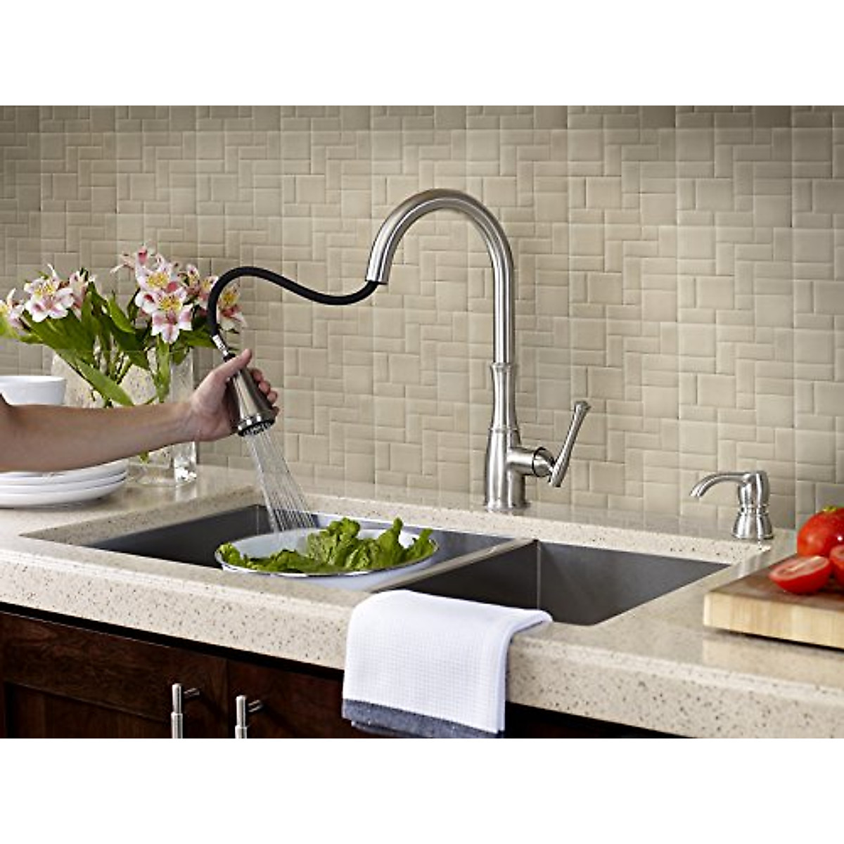 Pfister Wheaton Kitchen Faucet with Pull Down Sprayer and Soap Dispenser, Single Handle, High Arc, Stainless Steel Finish, GT529WH1S, Large