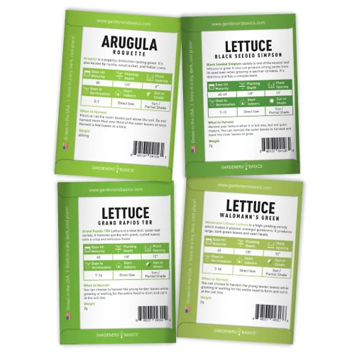 8 Leafy Garden Greens Seeds for Planting Individual Packets - Arugula, Collards, Spinach, Swiss Chard, Kale, Lettuce, Leafy and Butter Lettuce Seeds for Your Heirloom Salad Garden by Gardeners Basics