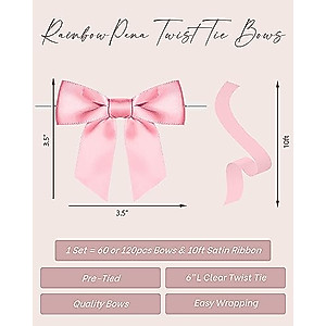 RainbowPana 60 Pack 3.5" Twist Tie Bows and 10ft Ribbon, Luxury Pink Satin Ribbon Pretied Bows, Premade Craft Decoration for Package Cake Pop Favors Cookie, Gift Wrapping Baby Shower Wedding