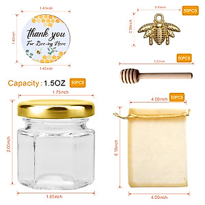 XING-RUIYANG 1.5 oz Glass Honey Jar- Small Hexagonal Honey Jars with Wooden Dipper Gold Lid Bee Charms Gold Gift Bags and Rope for Baby Shower Wedding Party Favors (50 PACK)