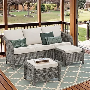 LUMIINOFAMI 3 Piece Patio Couch PE Wicker 3-seat Sofa, 73.6'' Long Outdoor Couch Patio Sofa with 2 Ottoman, Barrel-Shaped Wicker Sofa Outdoor Furniture Rattan Wicker Sofa for Patio Deck Porch