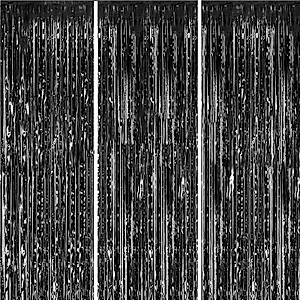 3 Packs 3.2ft x 6.6ft Black Metallic Tinsel Foil Fringe Curtains Photo Booth Props for Birthday Wedding Engagement Bridal Shower Baby Shower Bachelorette Holiday Celebration Party Decorations
