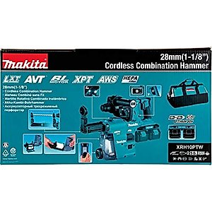Makita XRH10PTW 18V x2 LXT (36V) Brushless Cordless 1-1/8" AVT Rotary Hammer Kit, Accepts Sds-Plus Bits w/Extractor, Aft, AWS Capable (5.0Ah)