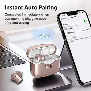 TSKIS True Wireless Earbuds Bluetooth Headphones with Noise Cancelling Mic 48Hrs Playtime LED Display IPX7 Waterproof Ear Buds for Android/iOS (Rose Gold)