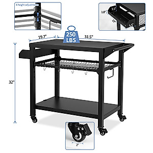 Spurgehom Grill Cart, Pizza Oven Stand Table with Wheels Dining Cart Table for Outside Patio, Outdoor Movable Kitchen Cooking Prep Table BBQ Cart with Mesh Racks for Home Party, Bar, Camping