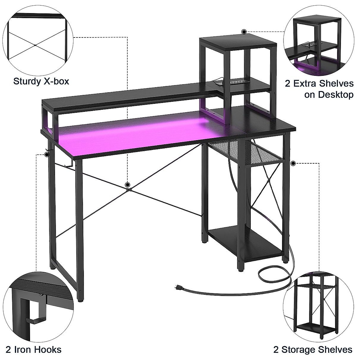 armocity 2024 Upgrade Gaming Desk with LED Lights, Small Computer Desk with Long Monitor Stand, 40'' Reversible Laptop Table with Storage Shelves, Small Desk for Small Spaces, Gaming Room, Black