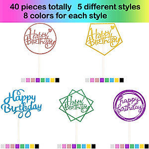 40 Pieces Happy Birthday Cake Toppers Glitter Birthday Cupcake Topper Assorted Color Cake Pick Decorations for Birthday Party Cake Desserts Pastries, 5 Styles