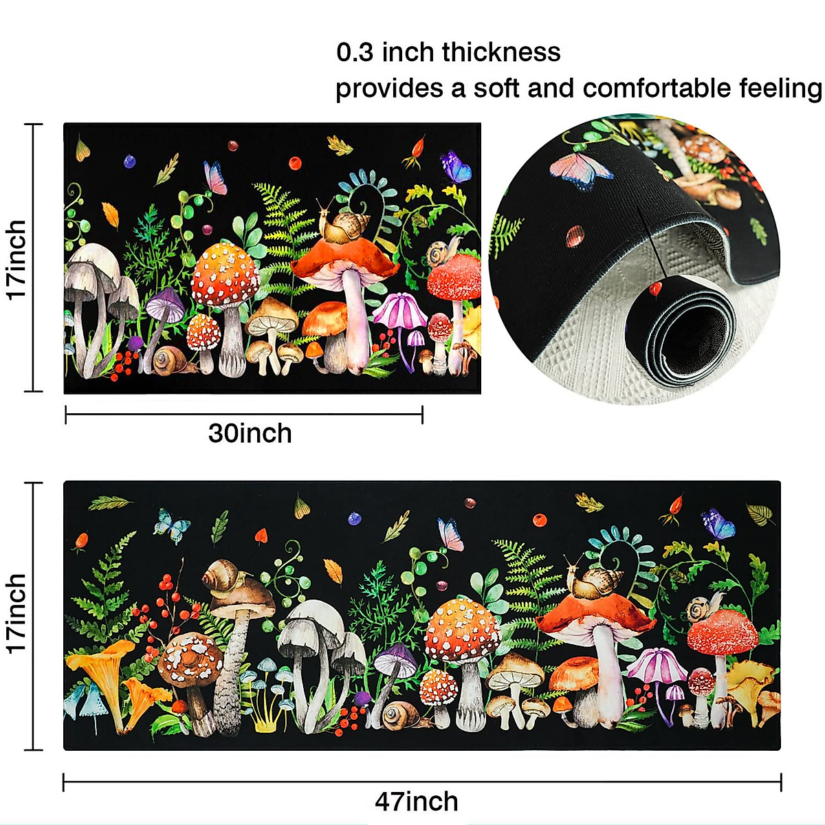 Cute Red Mushroom with Snails Kitchen Rugs & Mats 2 Pieces, Non Slip Cushioned Mat Runner Rug Doormat for Boho Kitchen,Sink, Laundry, Bathroom, Home Decor, 17x30+17x47inch