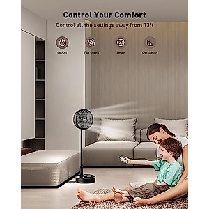 7200mAh Battery Powered Oscillating Fan, 8" Rechargeable Foldaway Fan, 12H Working Time, Height Adjustment, 4 Speeds, Remote Control, Portable Standing Fan for RV, Travel, Camping, Desk, Home, Outdoor