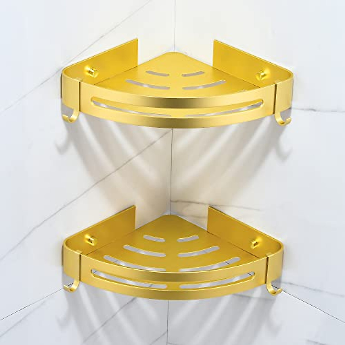 Corner Shower Caddy Wall Mounted, Metal Bathroom Storage Shelves with Hooks, Rust Proof Triangle Shower Shelf No Drilling, Adhesive Installation Bathroom Basket (2 Tiers, Bright Gold)