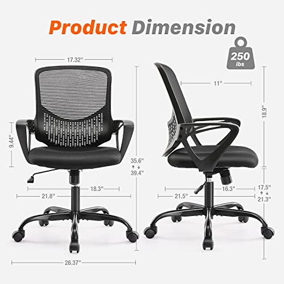 Office Chair - Mid Back Home Office Desk Chairs, Adjustable Height, Breathable Mesh