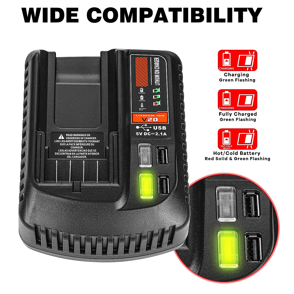 Lxljiad 20V Charger Replacement for Craftsman V20 Lithium Battery Charger Compatible with Craftsman 20V CMCB204 CMCB202 CMCB205 CMCB100 CMCB101 CMCB104 Fast Charger
