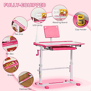 Qaba Kids Desk and Chair Set, Height Adjustable School Study Table and Chair, Student Writing Desk with Tilt Desktop, LED Light, Pen Box, Drawer, Reading Board, Cup Holder, and Pen Slots, Pink