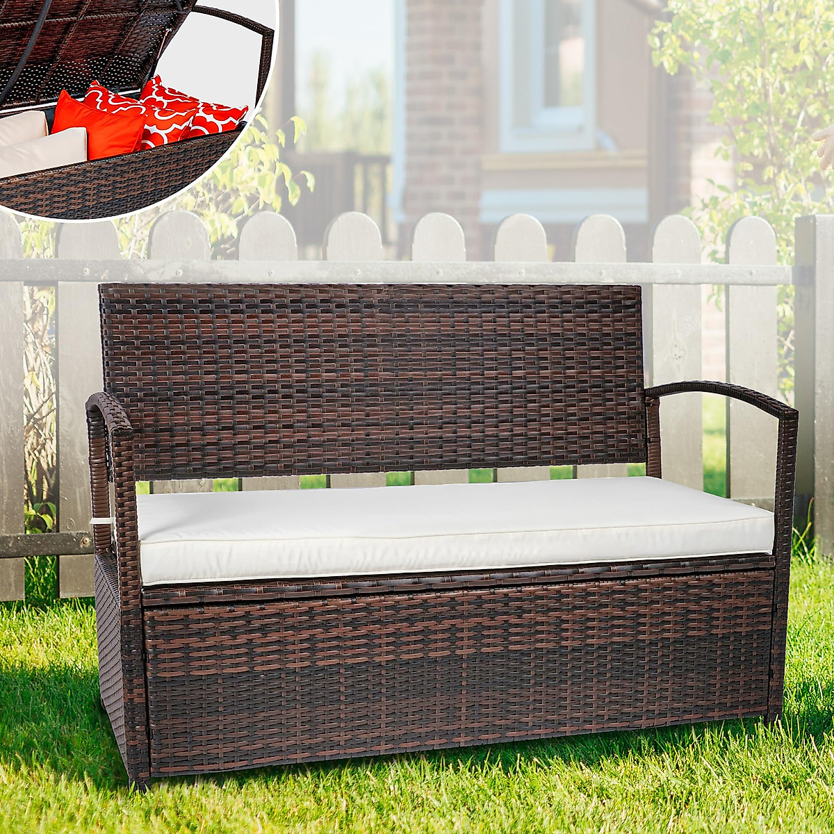 OYODHPDU 60 Gallon Outdoor Storage Bench- All Weather PE Rattan Deck Box- Deck Box w/Thick Seat Cushion- Patio Sofa Storage Bench with Cushion for Porch, Yard, Lawn, Garden (Brown)