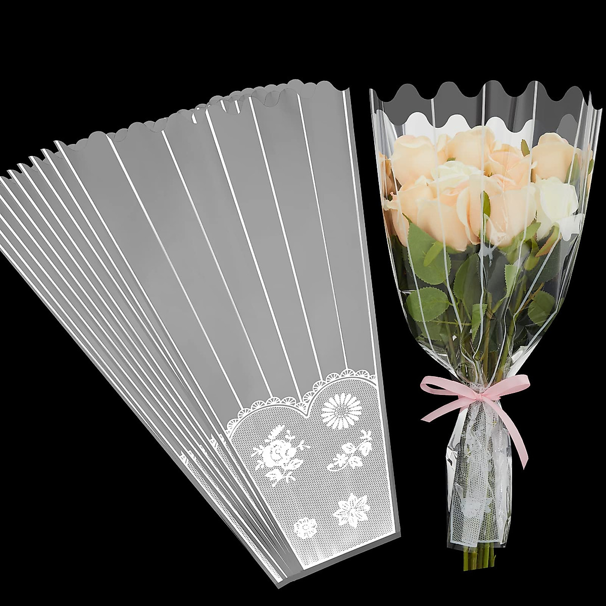 150 Pieces Flower Bouquet Bag Plastic Wrapping Bags Clear Floral Bouquet Sleeve with Strip and Lace Decor Disposable Cellophane Sleeves Transparent Flower Bouquet Packaging Bags for Wedding, Birthday