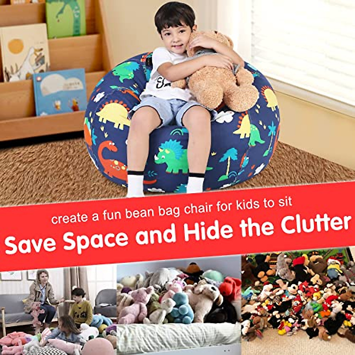 Lukeight Stuffed Animal Storage Bean Bag Chair Cover for Kids, Dinosaur Zipper Beanbag Chair Cover for Organizing Toddler & Kids' Rooms Plush Toys (Dinosaur, Large)