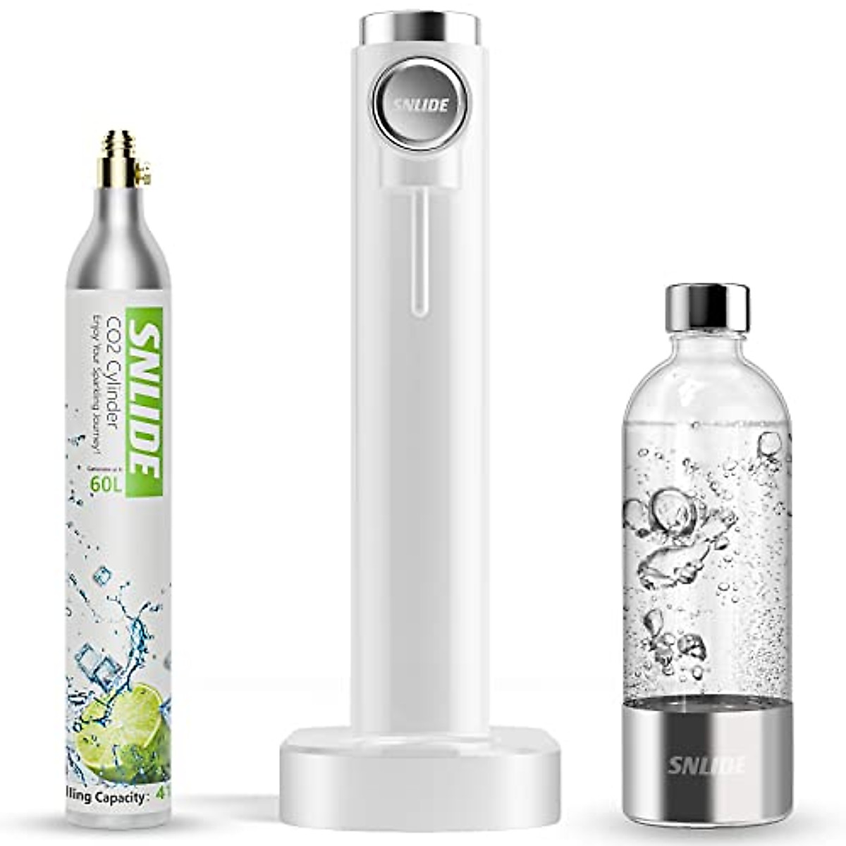 SNLIDE Soda Maker, Soda Water Machine with 1L Pet Bottle & DIY Stickers, Easy to Operate, Home Use Sparkling Water Maker with Aluminim Cylinder with 60L CO2