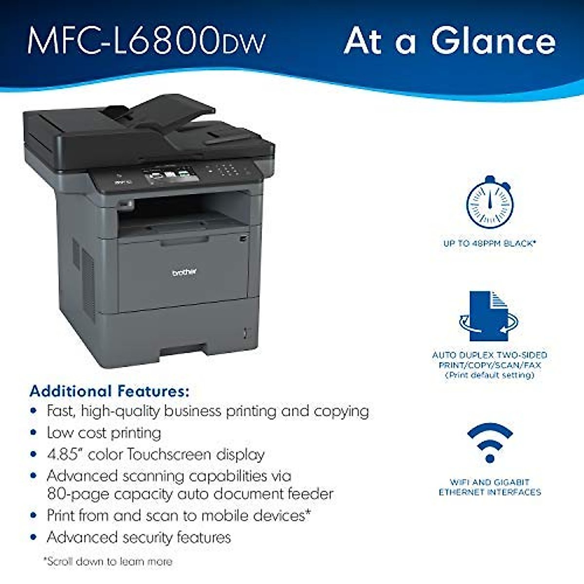 Brother MFC-L6800DW Monochrome Laser, All-in-One Printer, with Additional Lower Paper Tray (520 Sheet Capacity)