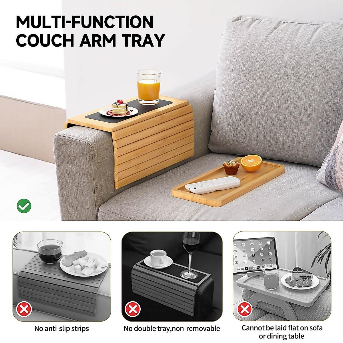 Bamboo Sofa Arm Tray Table - Couch Arm Tray with Extra Removable Tray, Anti-Slip Sofa Armrest Tray, Large Couch Cup Holder Tray for Phone, Cups, Remote, Flexible and Foldable