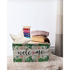 Storage Basket Tropical Plants Flower Large Foldable Storage Bins with Handles Flamingo Palm Leaf Wood Grain Waterproof Fabric Laundry Baskets for Organizing Shelves Closet Toy Gifts Bedroom Home Decor