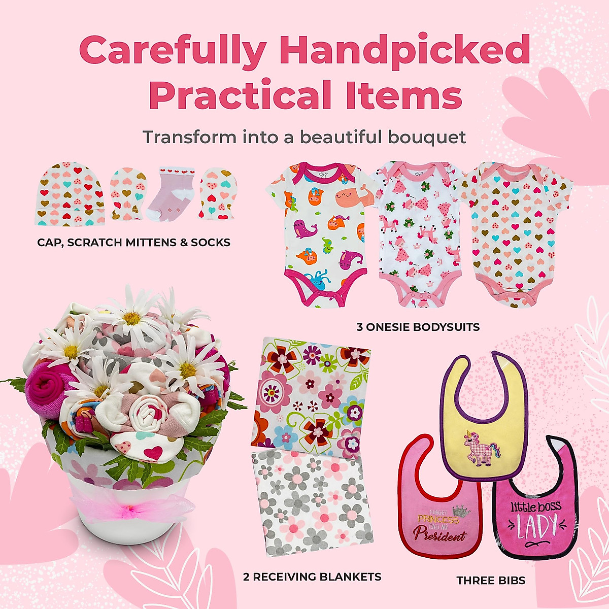 Deluxe Baby Blossom Clothing Bouquet | Newborn Baby Girl Gift Set | Baby Gift Basket for Expecting Moms | New Baby Gift Basket | Pink Baby Gift Set | Baby Girl Outfits | Nikki's Gift Baskets