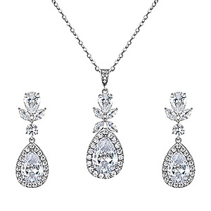 SWEETV Wedding Jewelry for Bride, Silver Teardrop Cubic Zirconia Necklace Earrings Set, Bridal Jewerly Set for Wedding Porm