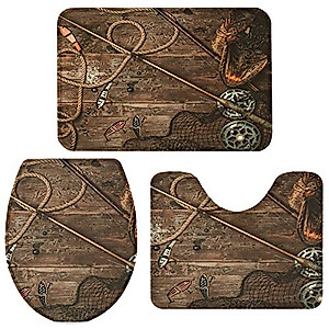 3 Piece Bath Rugs Set Non-Slip Bathroom Mats Absorbent Contour Soft Mat Toilet Lid Cover Bathroom Decor Set- Fisherman's Fishing Equipment on a Rustic Wooden Table 20"x32"+16"x18"+16"x20"