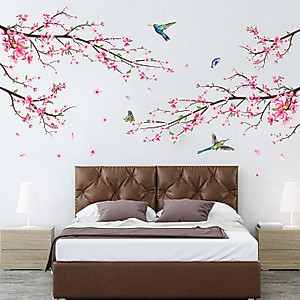 Amimagen Pink Watercolor Cherry Blossom Wall Stickers - Tree Branch Flower Birds Wall Decals - Bedroom Living Room Sofa TV Background Home Wall Decor