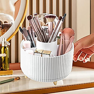 Large Capacity Rotating Makeup Organizer 360 Degree Brush Organizer with 5 Slots Makeup Brush Holder for Vanity Decor Bathroom Countertops Cosmetic Display Cases (White)