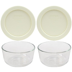 Pyrex (2 7202 Glass Bowls & (2) 7202-PC Sour Cream Lids Made in the USA