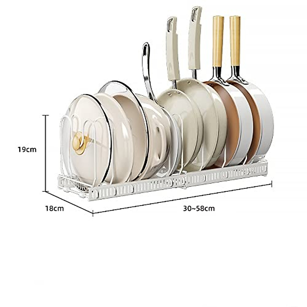 Rerii Pan Organizer Rack for Cabinet, Expandable Pots and Pans Organizer Rack, Cutting Board Pot Lid Holder Dish Drying Racks with 10 Adjustable Dividers for Kitchen Counter
