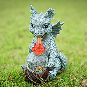 WONDER GARDEN Dragon Statue - Spitfire Dragon Figurines Solar Light Resin Garden Statues with Crackled Glass Globe Outdoor Waterproof Lawn Ornament Decor