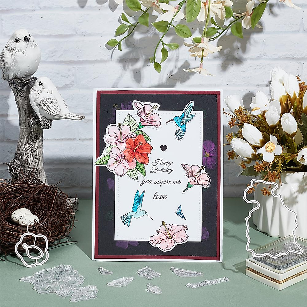 INFUNLY Die and Stamp Set for Card Making Hibiscus Flower Cutting Dies Clear Stamp Set Hummingbird Silicone Stamps Die Cut 3D Stencil Template for DIY Scrapbooking Christmas Craft Album Decoration