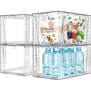 4Pack Large Stackable Kitchen Storage Drawers, Clear Foods Organizer Bins with Handles, Easily Assemble for Bathroom, Kitchen, Pantry, Cabinet, Closet(XL-UP Handle)