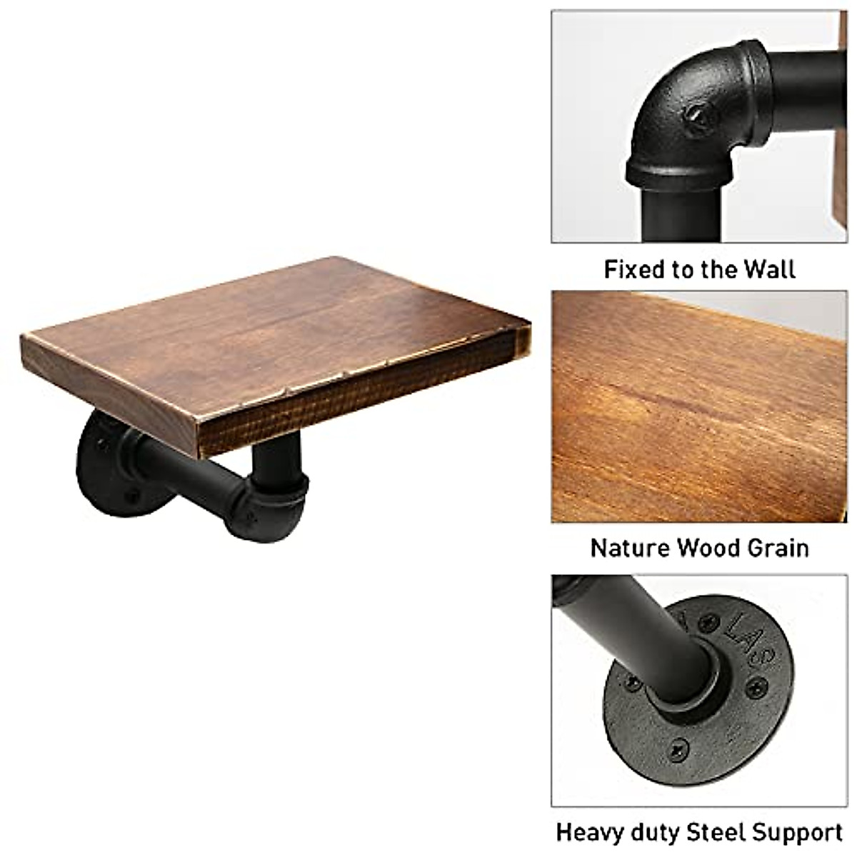Tonport Rustic Wall Mounted Iron Water Pipe with Wooden Board Bookshelf Display Rack Simple Hanging Iron Water Pipe Floating Shelves