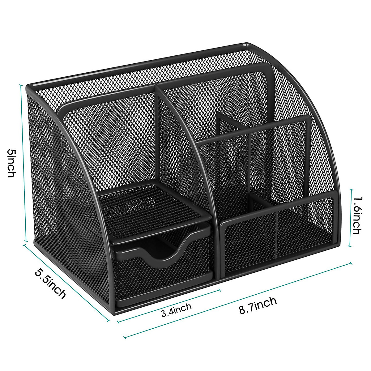 MaxGear Mesh Desk Organizer Office Desktop Organizer with Drawer, Metal Stationary Organizer Black Desk Caddy, 6 Compartments, 8.7 x 5.5 x 5 inch, 1 Pack