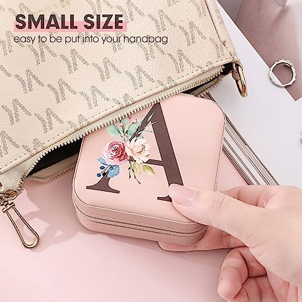 Yogeaw Small Travel Jewelry Holder Organizer - A Initial Mini Jewelry Box | Travel Essentials Case for Women Girl | Personalized Blue Jewelry Case | Christmas Back to School Graduation Birthday Gifts