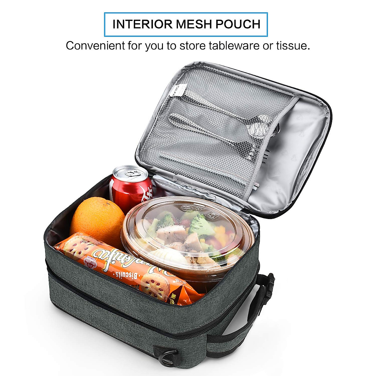 Expandable Insulated Lunch Bag, Leakproof Flat Lunch Cooler Tote with Shoulder Strap for Men and Women, Suitable for Work & Office by Tirrinia, Charcoal