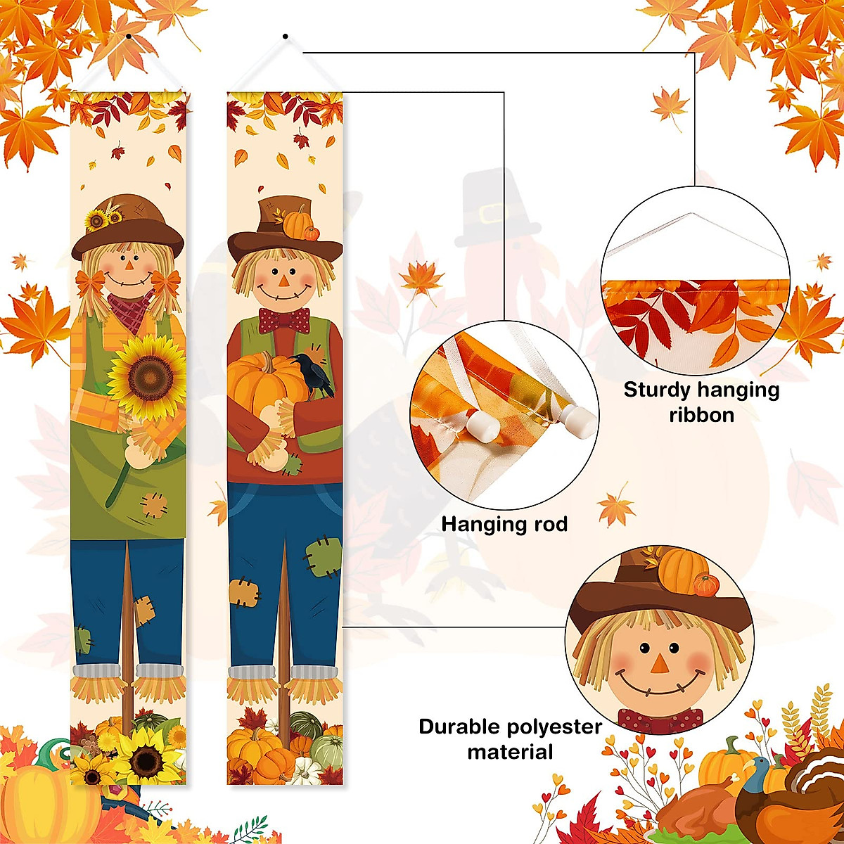 2 Pcs Thanksgiving Porch Sign Banner Fall Harvest Banner Autumn Scarecrow Maple Leaves Pumpkin Hanging Door Sign for Indoor Outdoor Home Party Decorations, 12 x 71 Inch