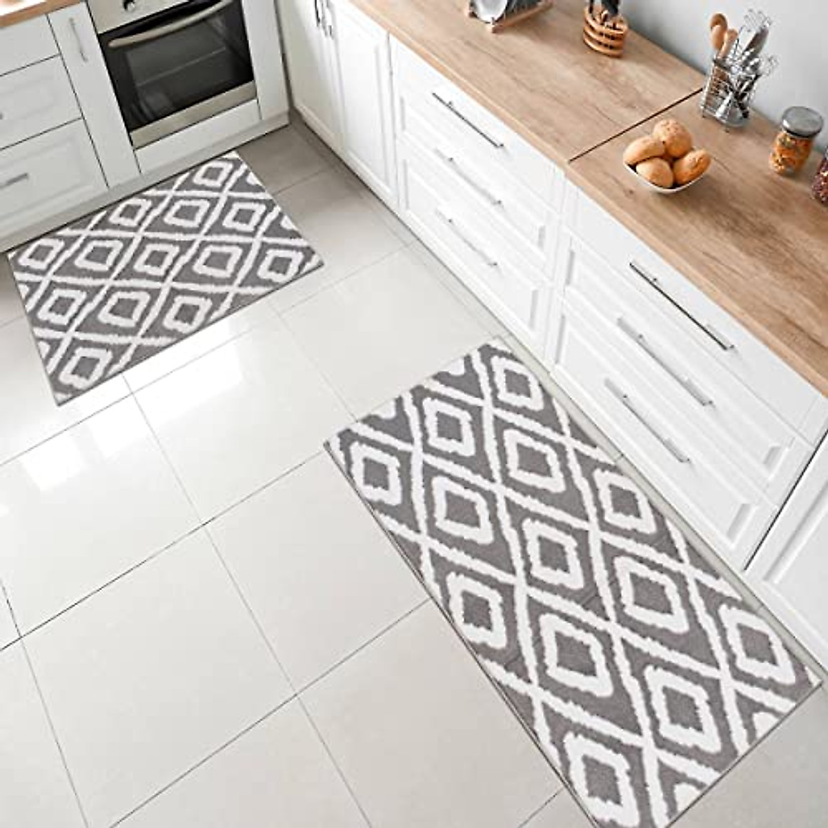The Sofia Rugs Kitchen Rug Set 2 Piece Absorbent, Non-Slip Kitchen Mats for Floor - Washable Kitchen Runner Rugs and Mats for Bathroom, Laundry Room, Farmhouse Style Gray, 48x20in/30x20in