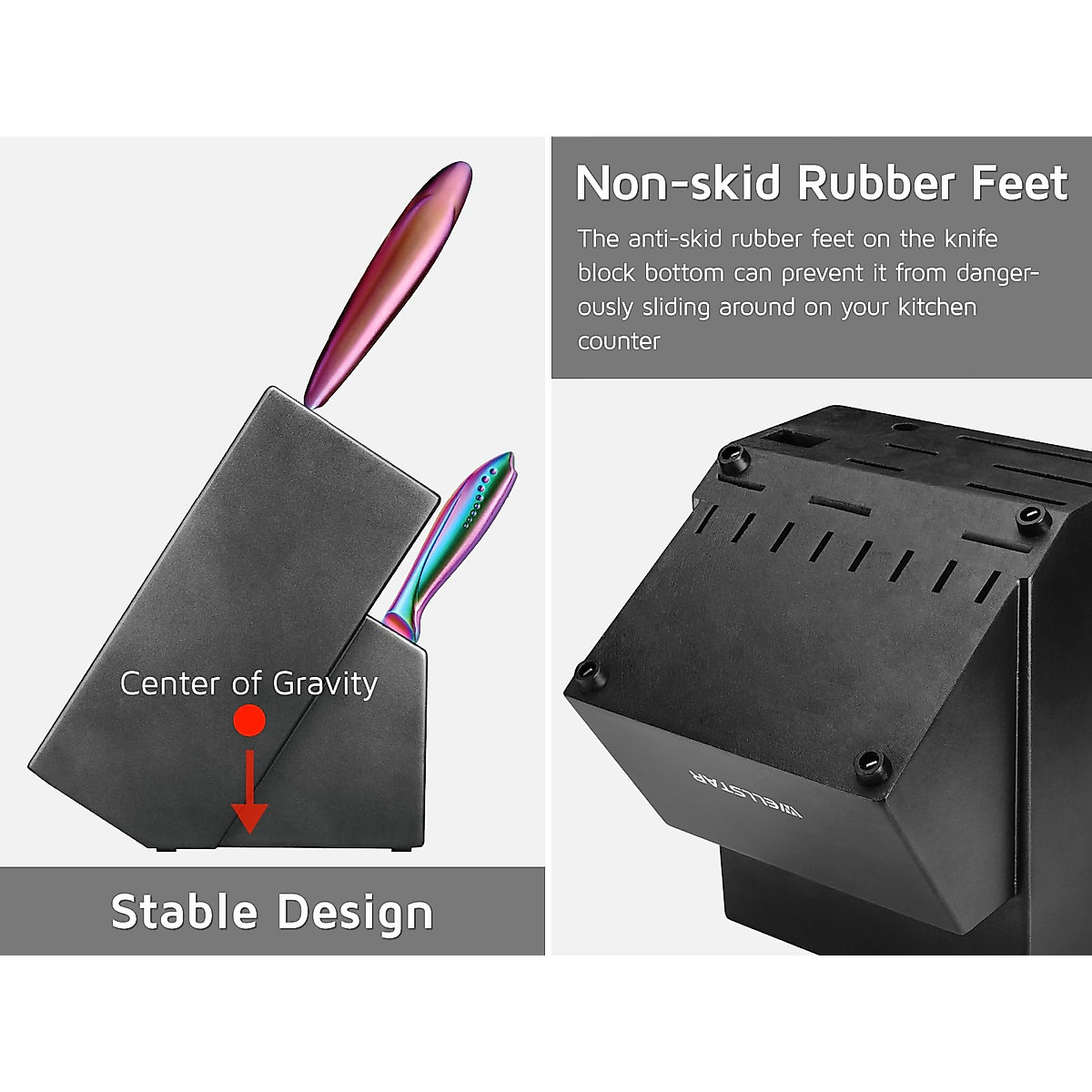 18-Slot Kitchen Knives Block, WELLSTAR Large Capacity Natural Wooden Knife Holder without Knives – Modern Hard Wood Counter-top Knife Storage with Built-in 2-Stage Knife Sharpener - Black