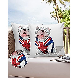 Vandarllin Outdoor Throw Pillows Covers 18X18 Set of 2 Waterproof Cute Dog Decorative Zippered Lumbar Cushion Covers for Patio Furniture, Union Jack Red and Blue