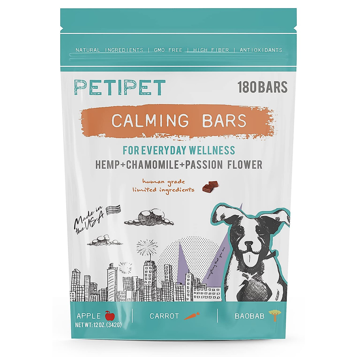 PETIPET Vegan Calming Bars for Small Dogs - Anxiety Composure Relief - with Carrots, Apples, Hemp, Chamomile, Passion Flower - for Dog Stress & Separation Aid + Chewing & Barking 180 Treats