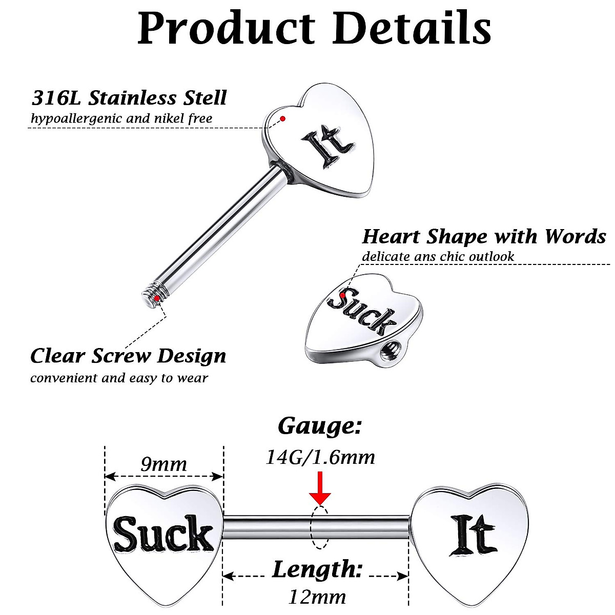 3 Pairs Women Nipple Rings 14G Stainless Steel Nipplerings Tongue Rings Barbell Heart Shape Body Piercing Jewelry (Silver)