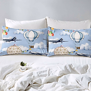 Erosebridal Cartoon Airplane Comforter Cover Hot Air Balloon Bedding Set Aviation Adventure Aircraft Duvet Cover Balloon White Cloud Quilt Cover for Kid Boy Teen, Blue 2 Pcs Twin Size